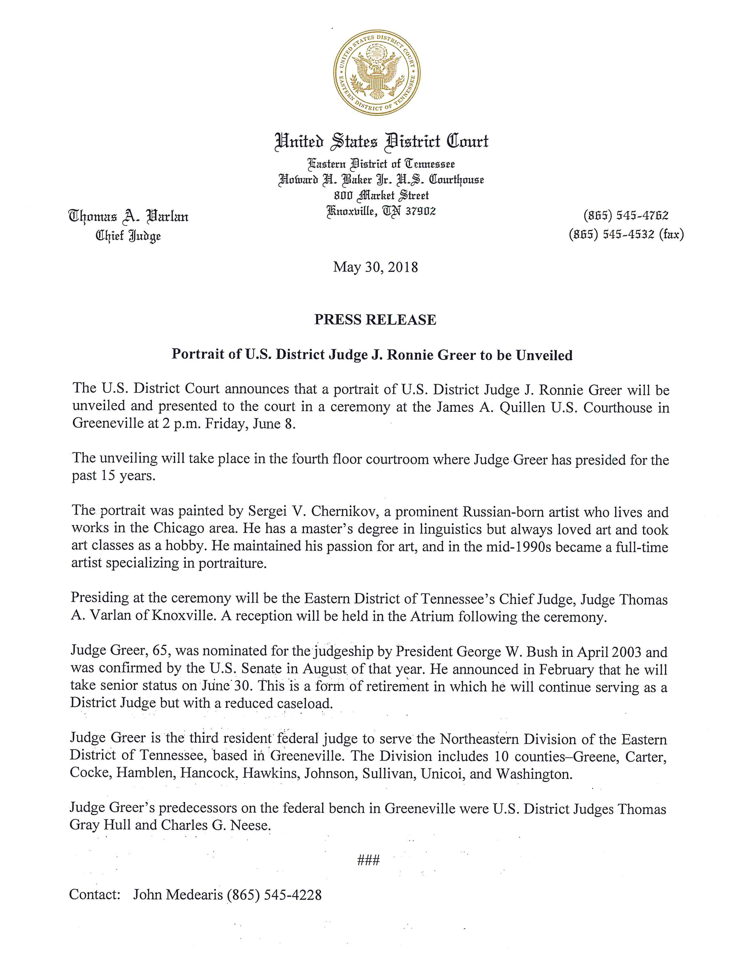 Portrait of U.S. District Judge J. Ronnie Greer to be Unveiled ...